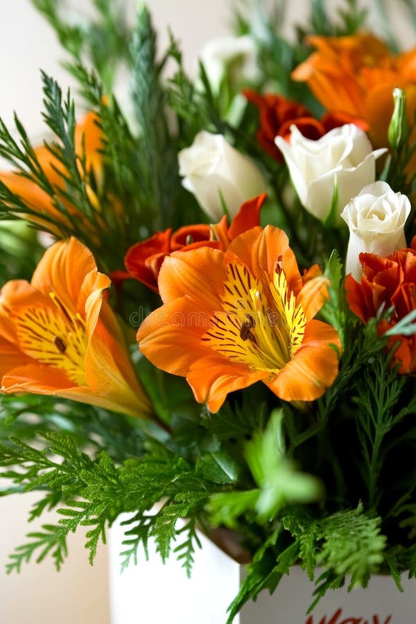 Vibrant Bouquet of Orange and White Flowers in Rustic Container ...