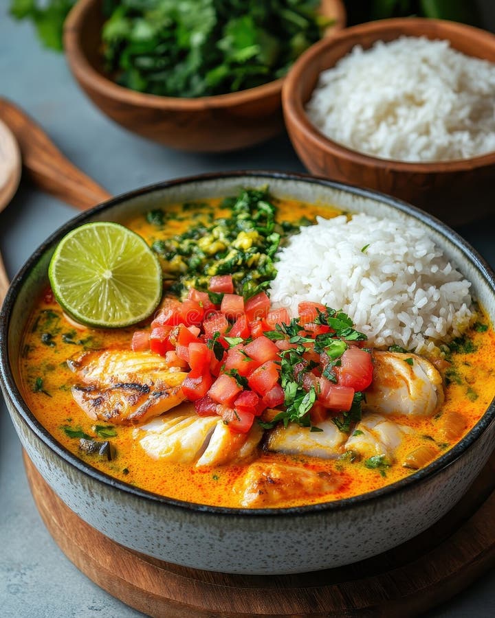 A Vibrant Bowl of Fish Curry Served with Rice, Lime, and Fresh Herbs ...