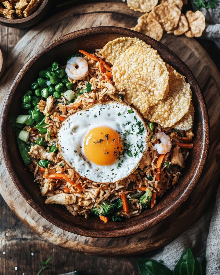A Vibrant Bowl of Fried Rice Topped with a Sunny-side-up Egg, Shrimp ...