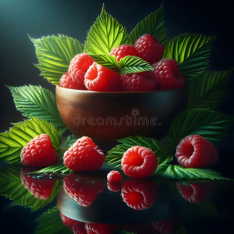 A Vibrant Bowl of Raspberries Sits on a Reflective Surface Stock ...