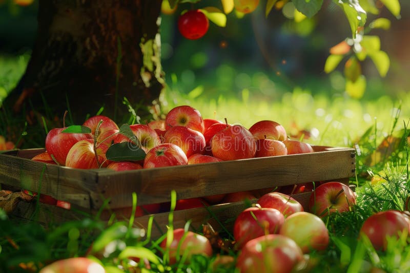 Vibrant Box of Apples Under Tree on Sunny Day in High Resolution ...