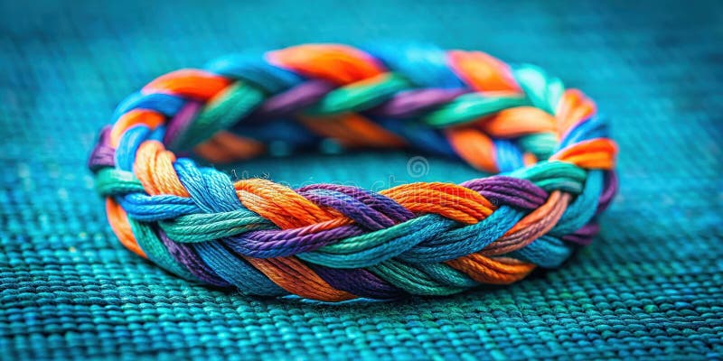 Vibrant Braided Textile Circle on Textured Surface, Showcasing Interwoven Threads in a Rainbow ...