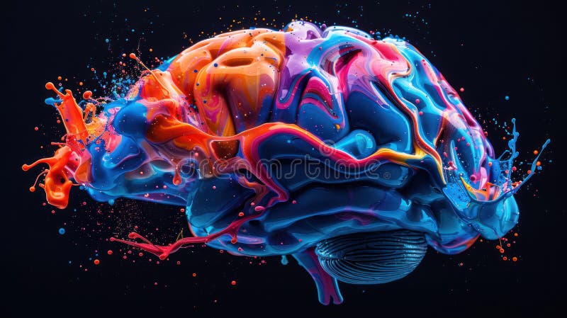 Vibrant Brain: Colorful Paint Splashes and Drops on Human Brain Stock ...
