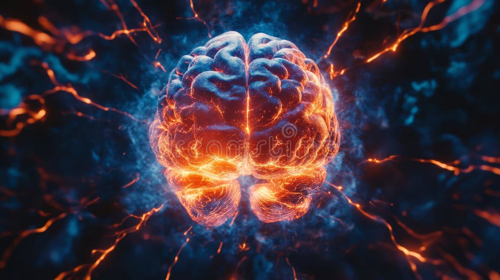 Vibrant Brain Image with Electrical Bursts, Showcasing Dynamic Neural ...