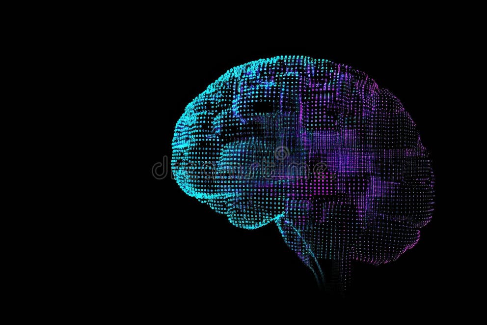 A Vibrant Brain Representation Glows in Blue and Purple Digital Grids ...