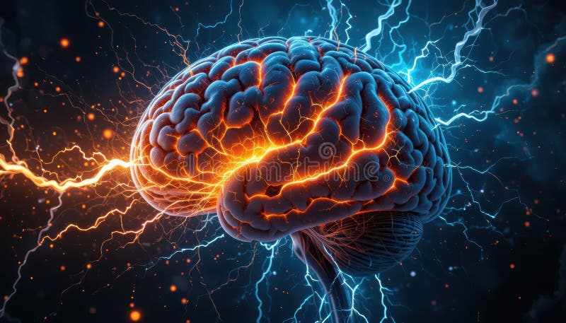 Vibrant Brain Showcasing Electric Impulses and Energy Flow, Symbolizing Creativity and ...