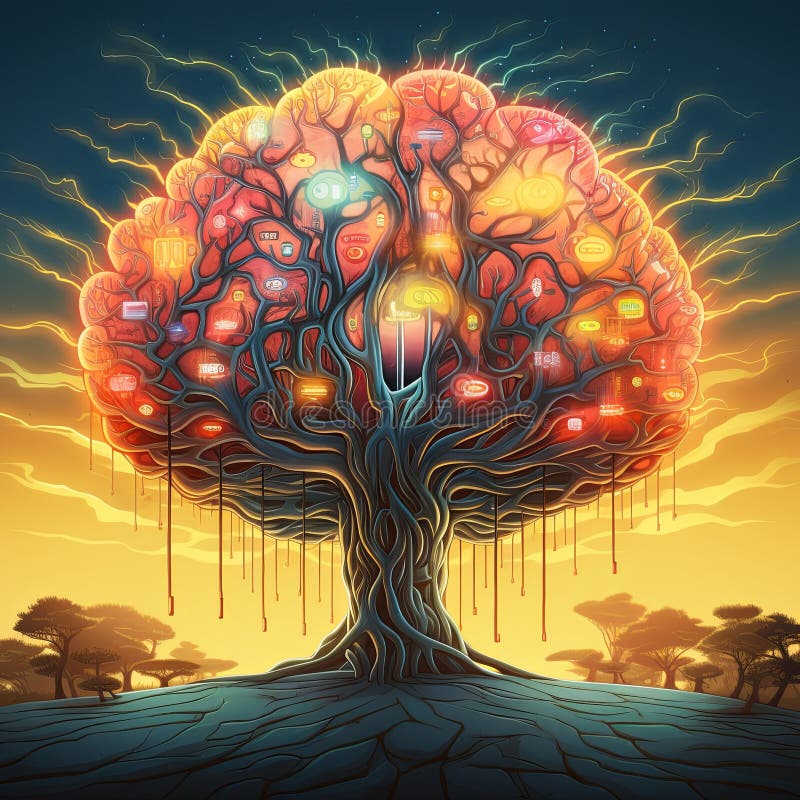Vibrant Brain Tree Displaying Network Connectivity and Knowledge Growth ...