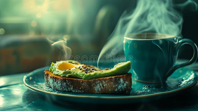Vibrant Breakfast Setup Avocado Toast Steaming Cup Tea Digital Stock ...
