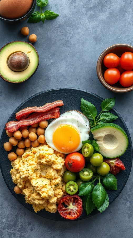 Brightly Colored Breakfast Platter Featuring Eggs, Vegetables, and ...
