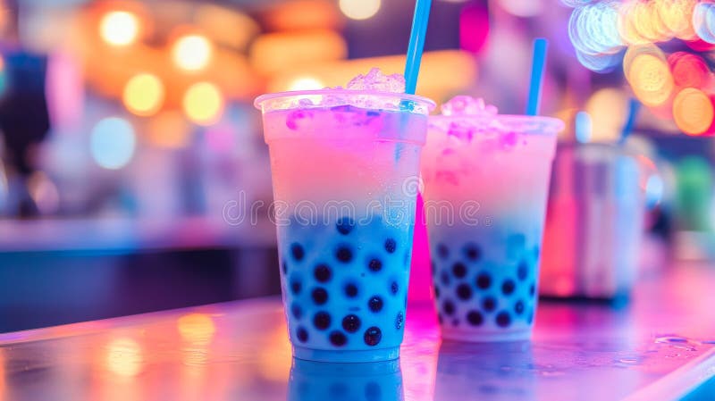 Vibrant Bubble Tea Beverages with Ice, Displayed in Plastic Cups on the ...
