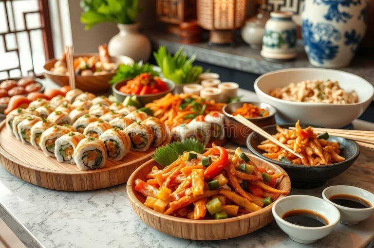Delicious Asian-Inspired Buffet Display Stock Illustration ...