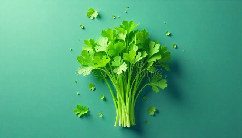 Fresh Green Cilantro Bunch on Flat Green Background Image Stock ...