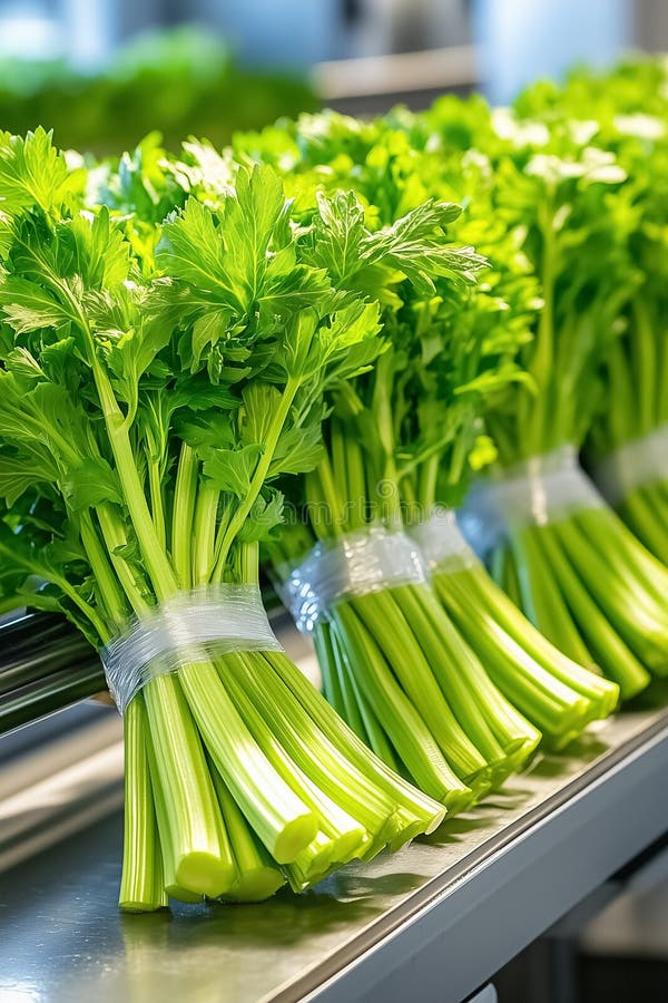 Vibrant Bundles of Celery, Fresh and Crisp, Move Gracefully Along a ...