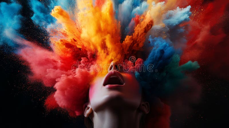 A Vibrant Burst of Color Explodes from a Womans Head Symbolizing ...