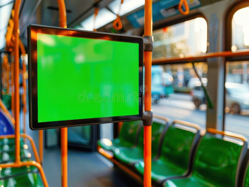 A Vibrant Bus Interior with Green Screen Device and Empty Seats during ...