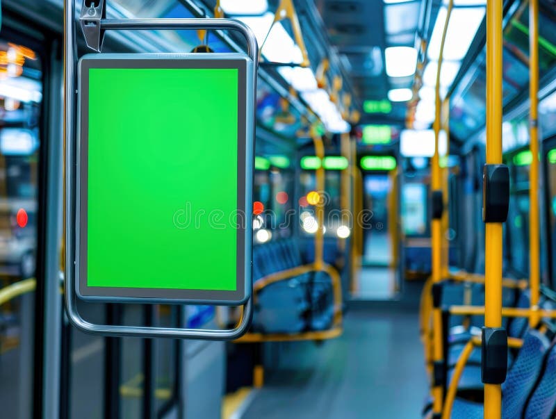 A Vibrant Bus Interior with Green Screen Device and Empty Seats during ...
