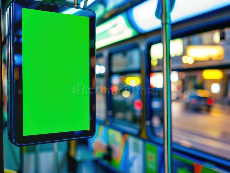 A Vibrant Bus Interior with Green Screen Device and Empty Seats during ...