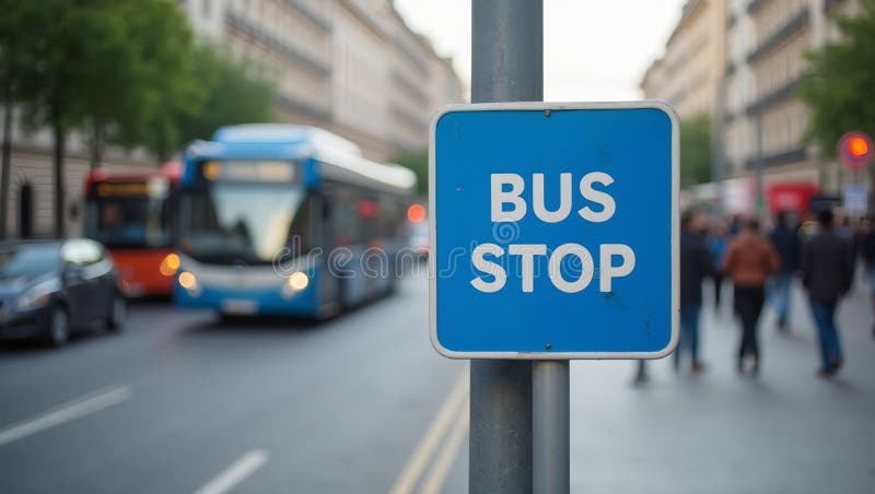 Vibrant BUS STOP Sign on Metal Pole in Urban Setting Stock Illustration ...