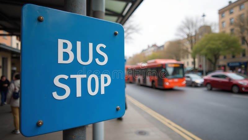 Vibrant BUS STOP Sign on Metal Pole in Urban Setting Stock Illustration ...