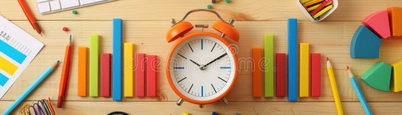 Vibrant Business Charts and Clock on Desk, Symbolizing Productivity and ...