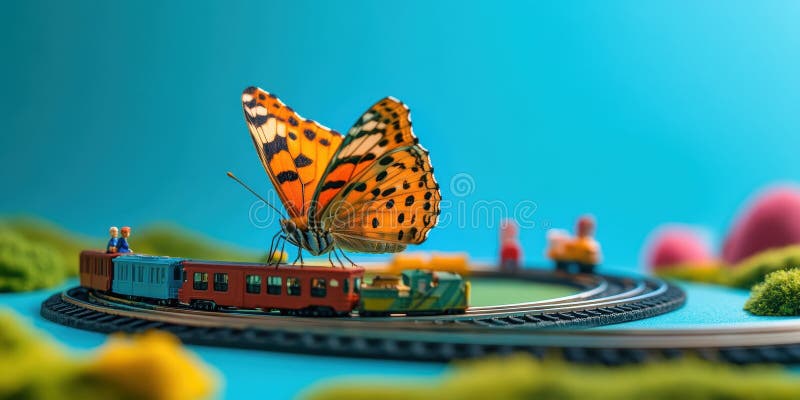 Colorful Butterfly on Toy Train Model Set Stock Illustration ...