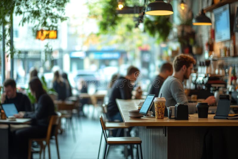 A Vibrant Cafe Scene Full of People Working and Enjoying Coffee. the ...