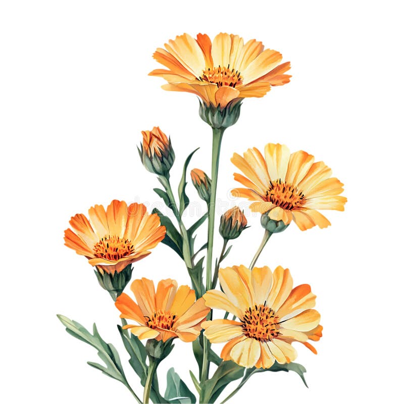 Vibrant Calendula Flowers a Botanical Illustration on Transparent ...