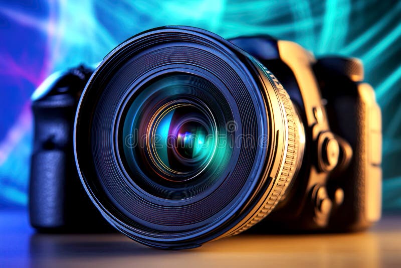 Vibrant Camera Lens Close-Up with Dynamic Light Effects Stock ...