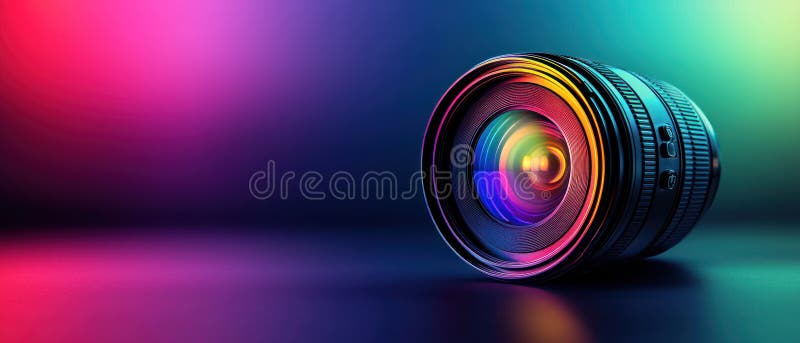 Vibrant Camera Lens with Rainbow Colors Reflecting on Dark Background ...