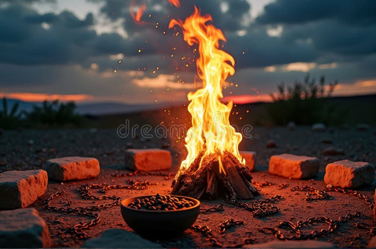 Vibrant Campfire in Desert at Sunset with Stone Circle and Metal Chains ...