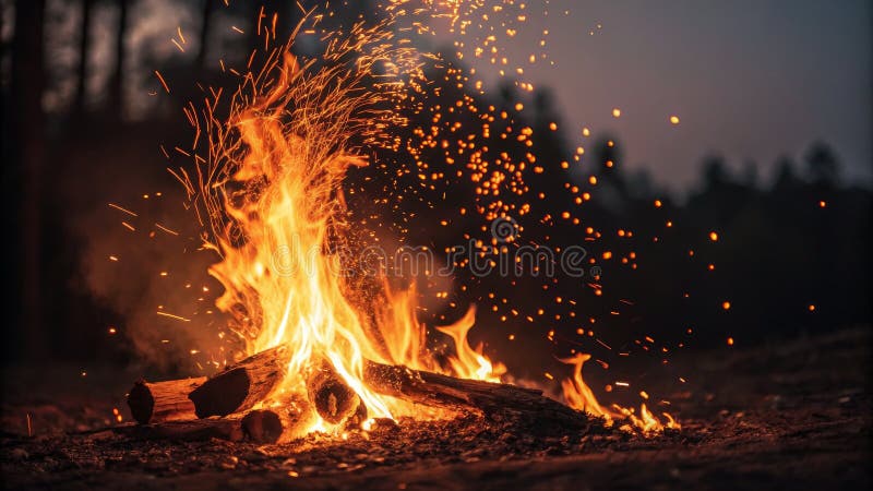 Vibrant Campfire at Night with Glowing Embers in Forest Setting Stock ...