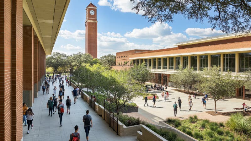 A Vibrant Campus Scene with Students Walking Near a Clock Tower and ...
