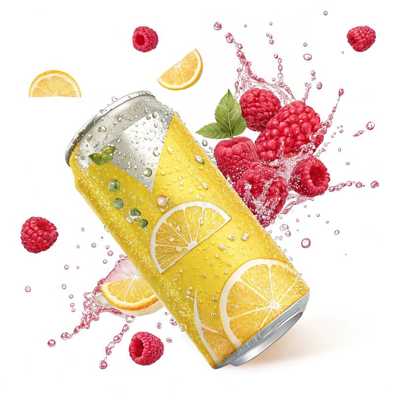 Sparkling Raspberry Lemonade Can with Citrus Splashes Stock ...
