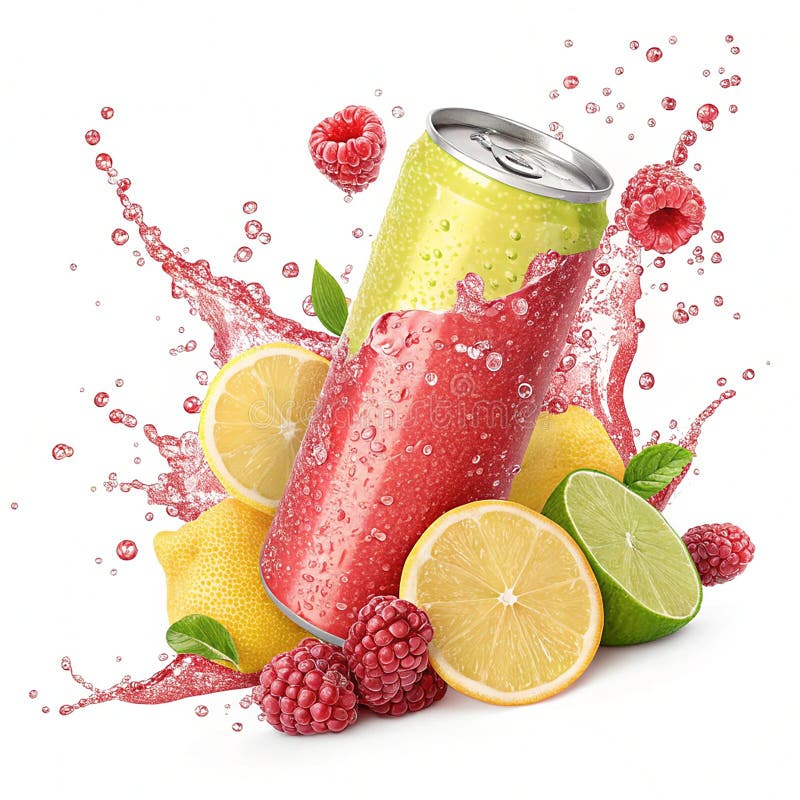 Sparkling Raspberry Lemonade Can with Citrus Splashes Stock ...