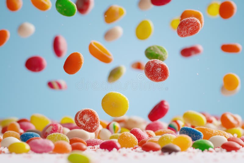 Vibrant Candies Scattered on Blue Background. Colours Red, Yellow ...