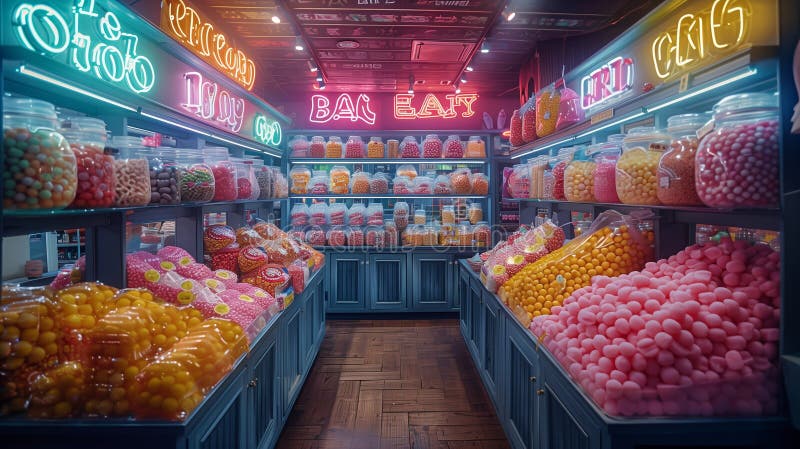 Vibrant Candy Store Filled with Colorful Jars of Sweets during Evening ...