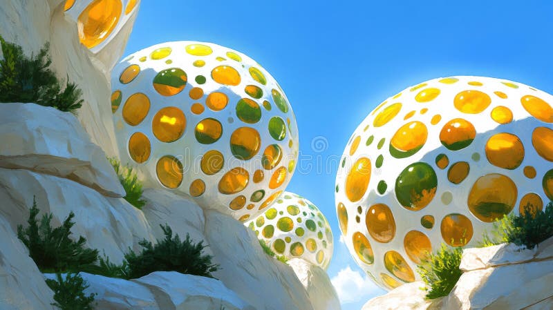 Vibrant Canyon Landscape with Surreal Spherical Structures Blending ...