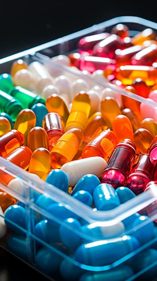 Vibrant Capsules Fill a Plastic Box, Symbolizing Pharmaceutical ...