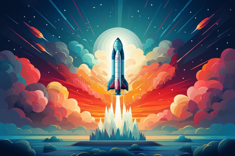 Sleek Rocket Ship Soaring through Colorful Skies Stock Illustration ...