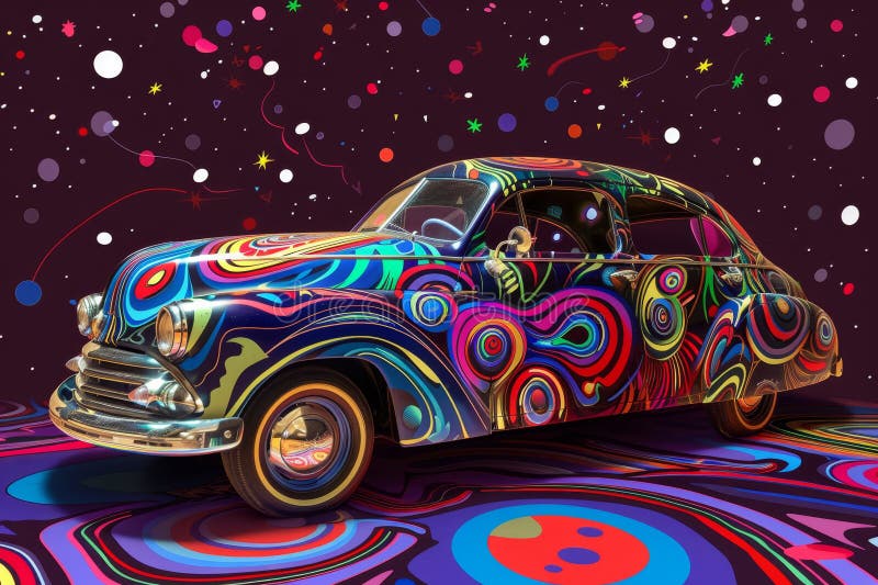 A Vibrant Car with Abstract Designs Parked in Front of a Dark Backdrop ...