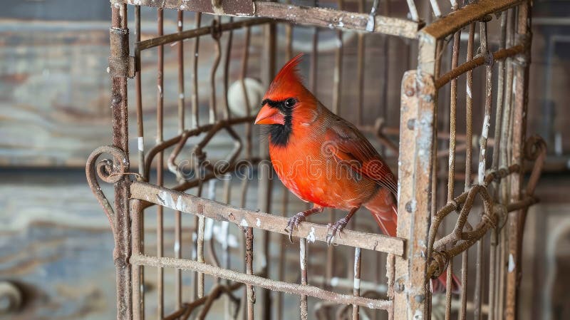 Vibrant Cardinal Bird Resting in a Rustic Iron Cage Stock Illustration ...