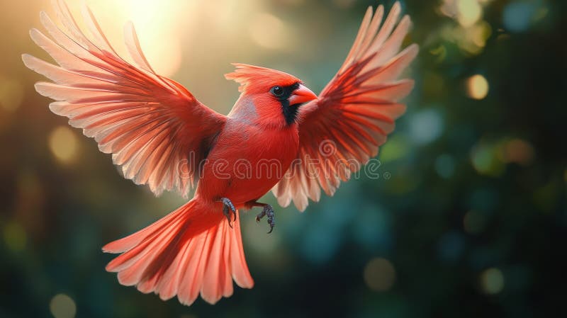 Vibrant Cardinal in Flight with Glowing Wings in a Sunlit Forest. Stock ...