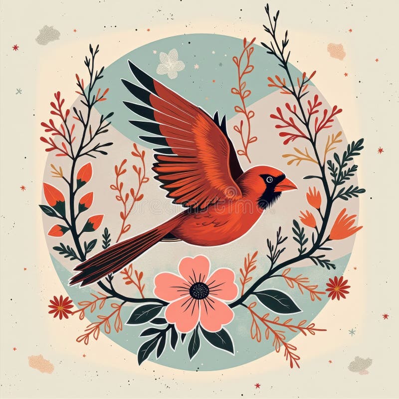 Vibrant Cardinal in Flight Surrounded by Colorful Floral Elements Stock ...