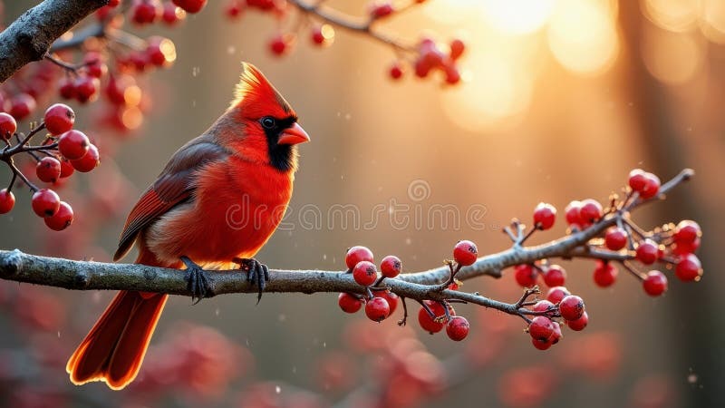 Vibrant Cardinal Perched on Berry-laden Branch at Sunset Glow Stock ...