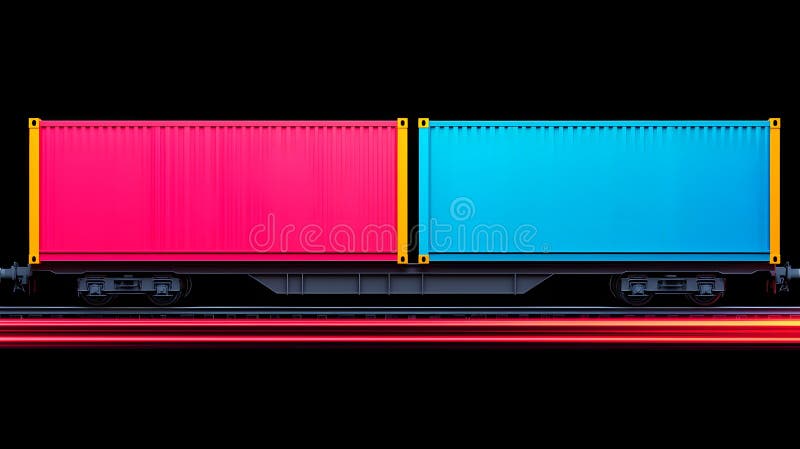 Vibrant Cargo Containers on Rail: Pink and Blue Train in Motion Against ...
