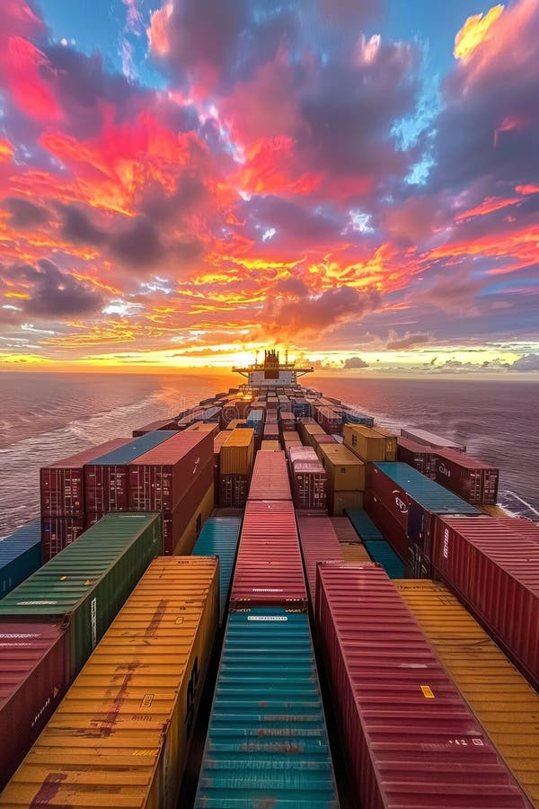Vibrant Cargo Ship Filled with Containers Against a Sunset Backdrop ...