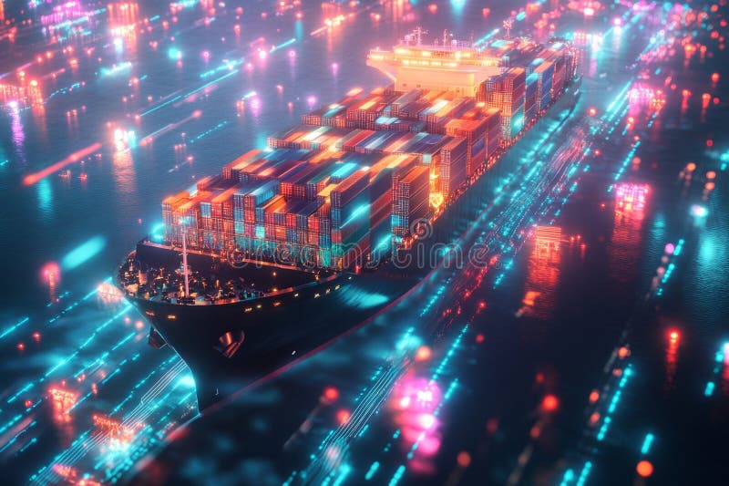 A Vibrant Cargo Ship Moves Swiftly through a Digital Ocean of Light ...