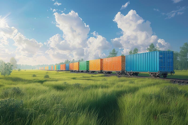 Vibrant Cargo Train Rides through Lush Green Fields Under a Dramatic ...