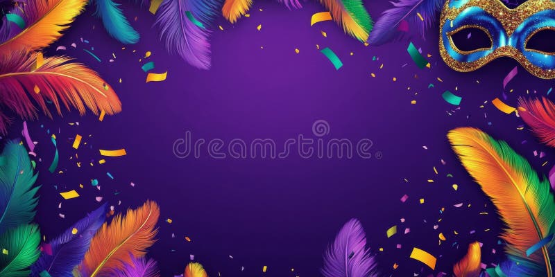Vibrant Carnival Backdrop with Colorful Feathers, Confetti, and a ...