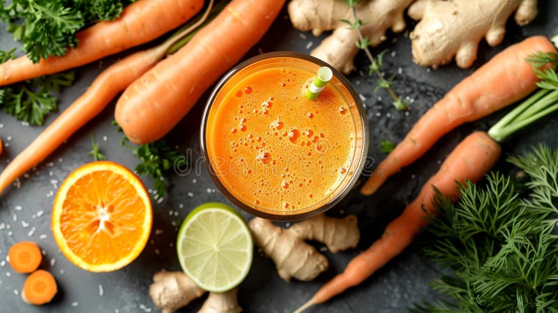 Refreshing Carrot and Ginger Juice with Vibrant Fruits on a Rustic ...